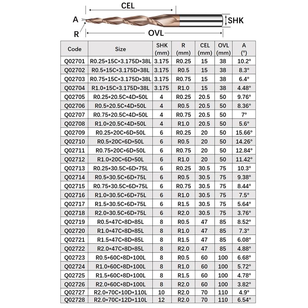 Carbide Spiral Tapered Ball Nose End Mill 6mm Shank 2 Flutes Router Bit ...