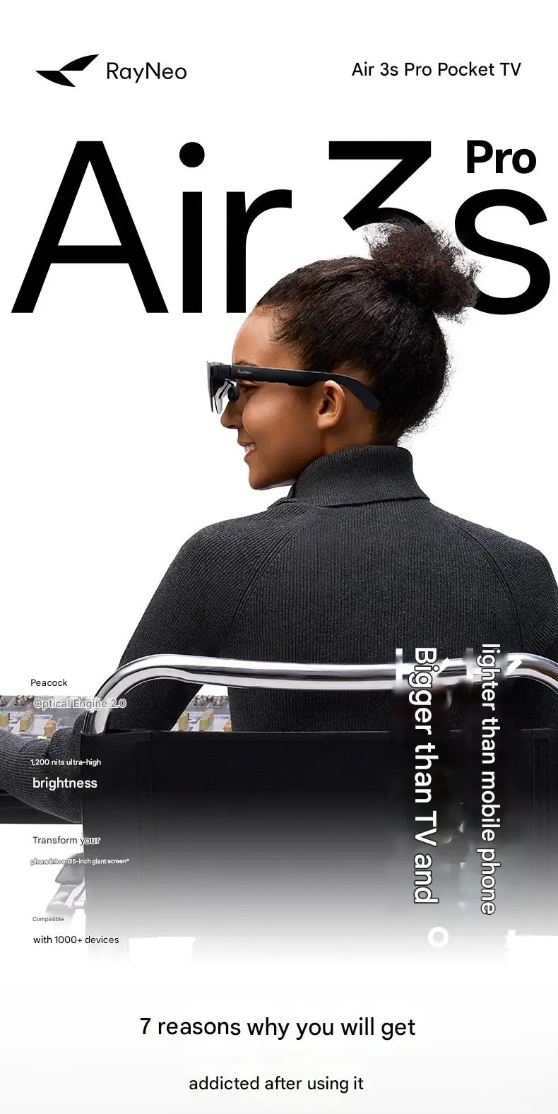 2025 New RayNeo Air 3S Pro - Smart AR Glasses HD Movie Viewing 3D 135-inch Screen 1200 Nits High ...