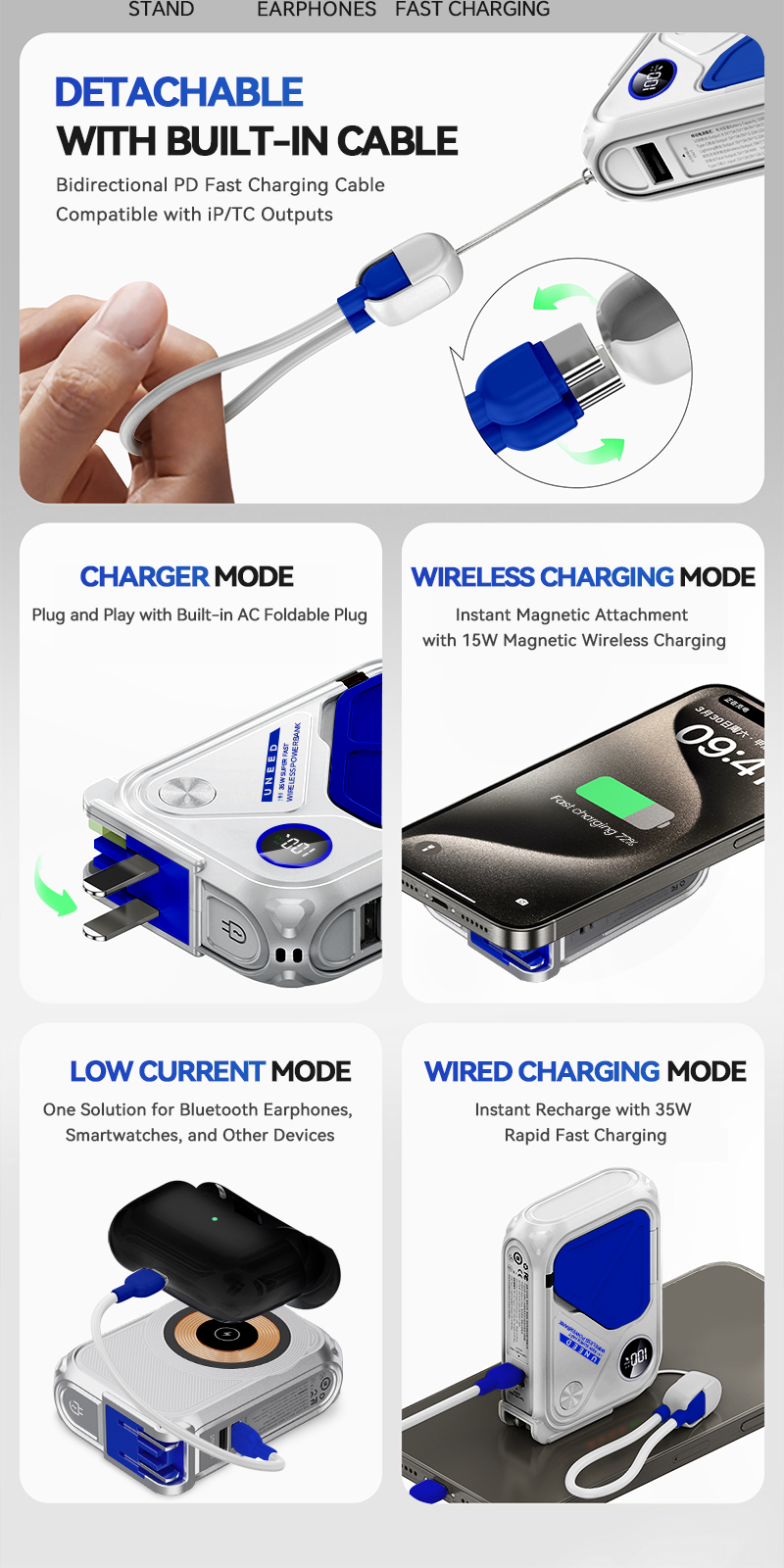 UNEED 20000/30000mAh Magnetic Powerbank Fast charging PD 35W Detachable Built In Cable LED ...