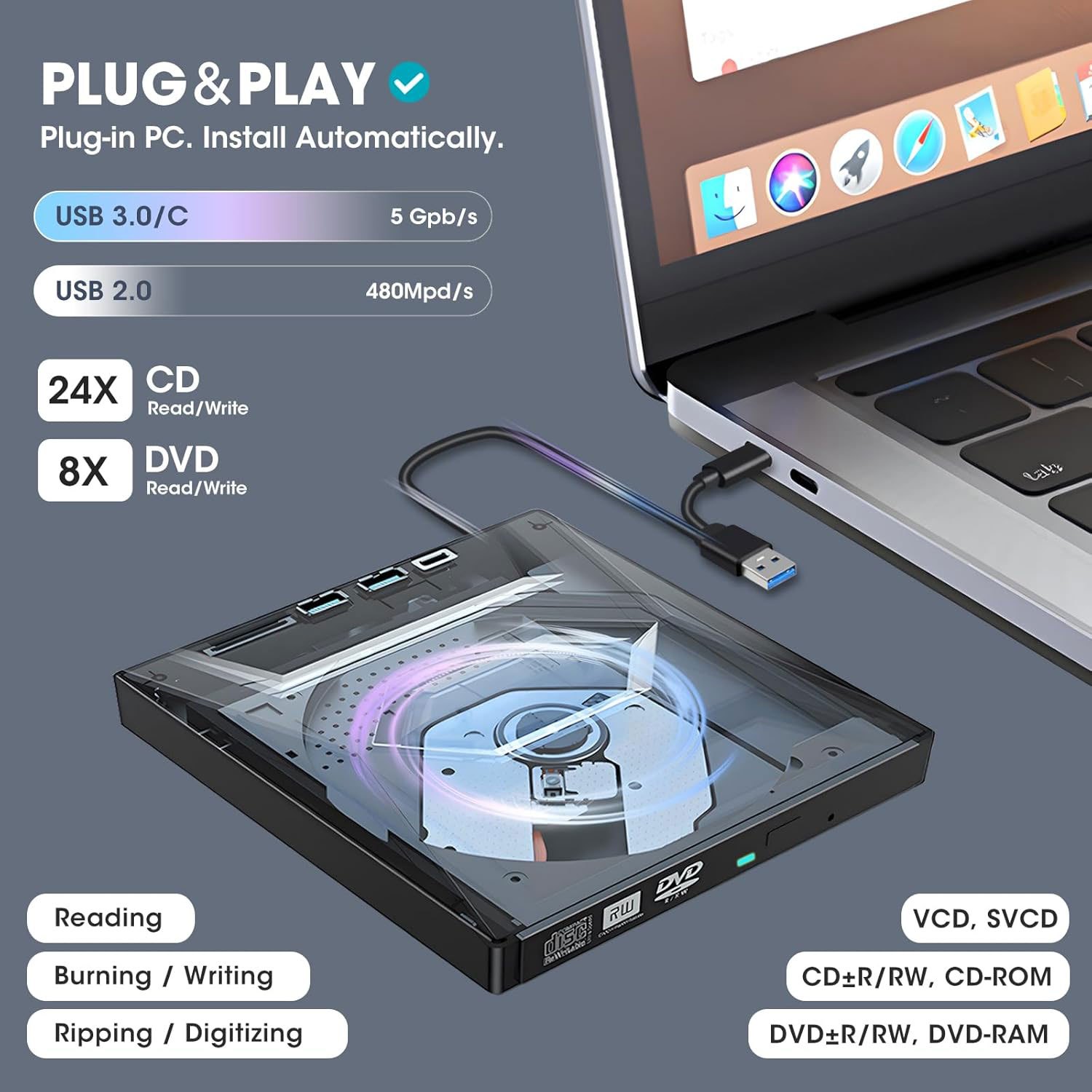 External CD DVD Drive with USB 3.0/2.0/Type-C Ports and SD Card Slot, Portable CD/DVD ROM +/-RW ...