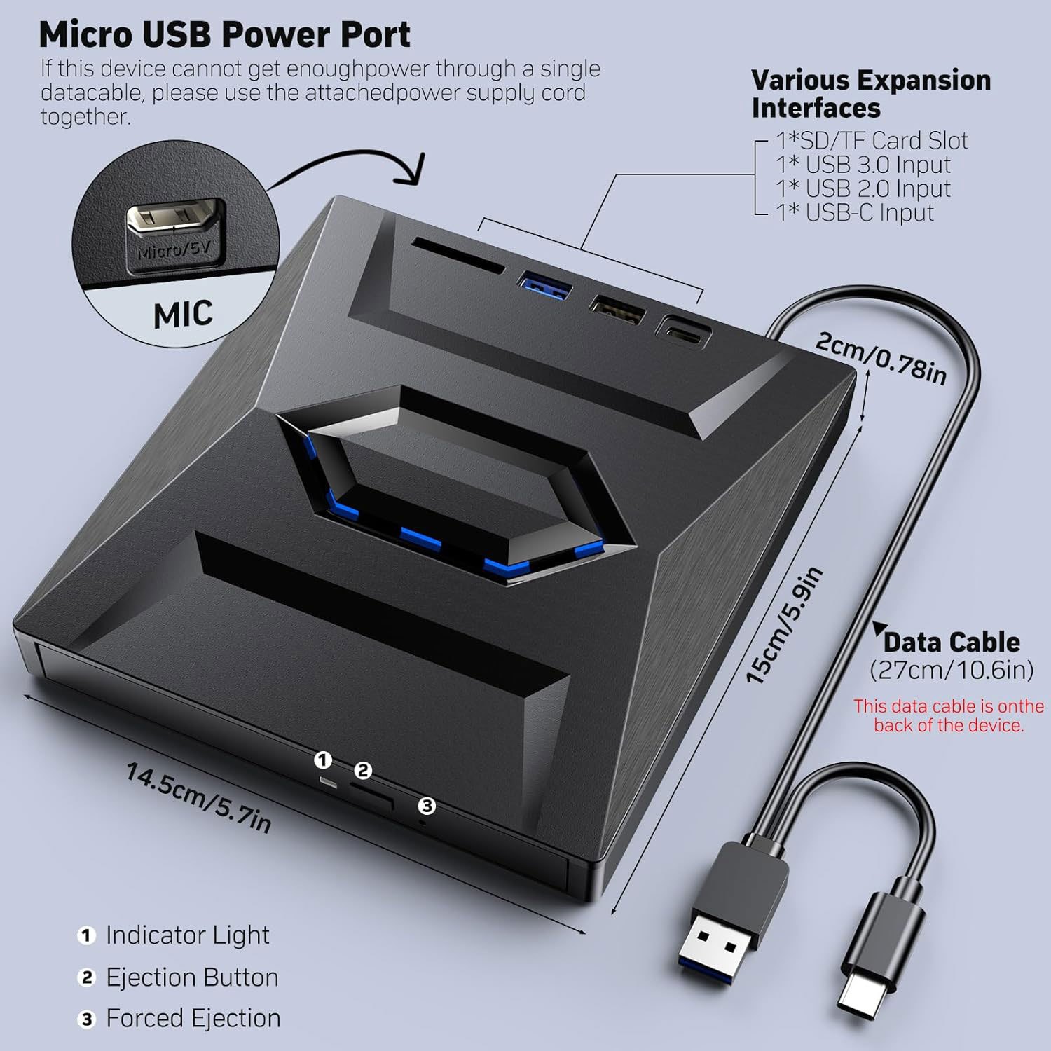 External CD DVD Drive with USB 3.0/2.0/Type-C Ports and SD Card Slot, Portable CD/DVD ROM +/-RW ...