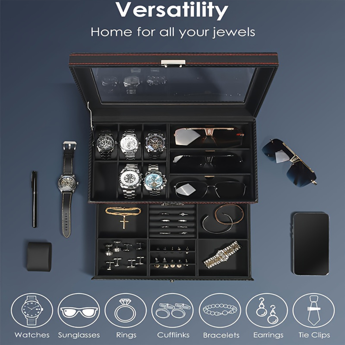 Men's Jewelry Box 2-Tier Watch Holder and Sunglasses Box Organizer for ...