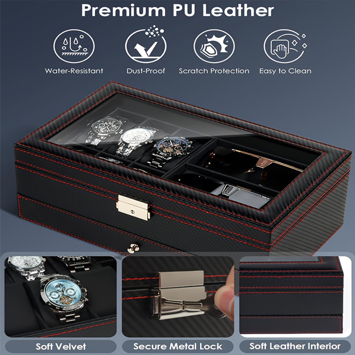 Men's Jewelry Box 2-Tier Watch Holder and Sunglasses Box Organizer for ...