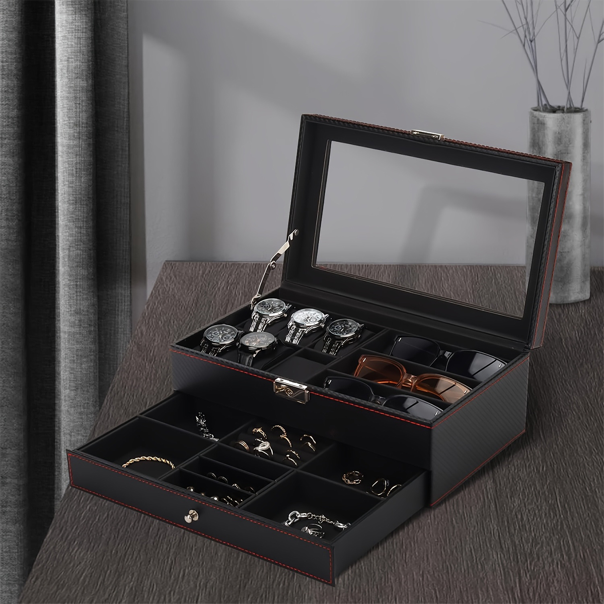 Men's Jewelry Box 2-Tier Watch Holder and Sunglasses Box Organizer for ...