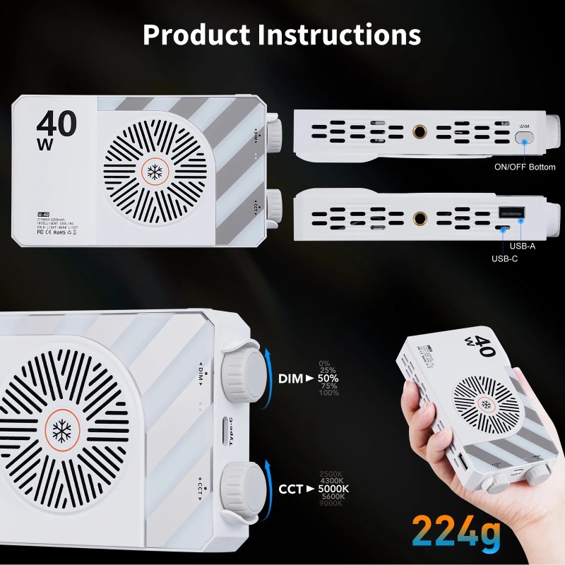 40W LED Camera Light 2500K-9000K Bi-Color 4400mAh Video Lamp Handle ...