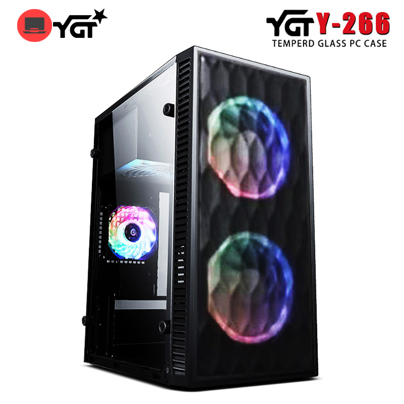 YGT Black PC Case With 2 Fan Tempered Glass Micro ATX Gaming Case ...