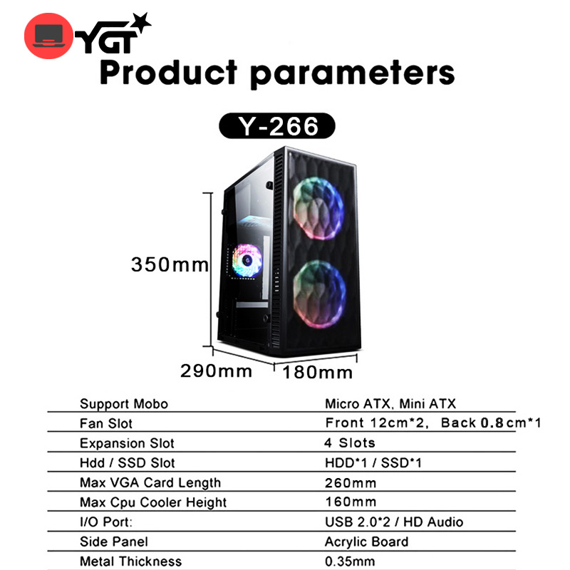 YGT Black PC Case With 2 Fan Tempered Glass Micro ATX Gaming Case ...