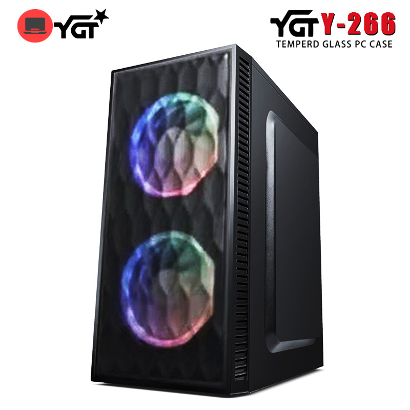 YGT Black PC Case With 2 Fan Tempered Glass Micro ATX Gaming Case ...