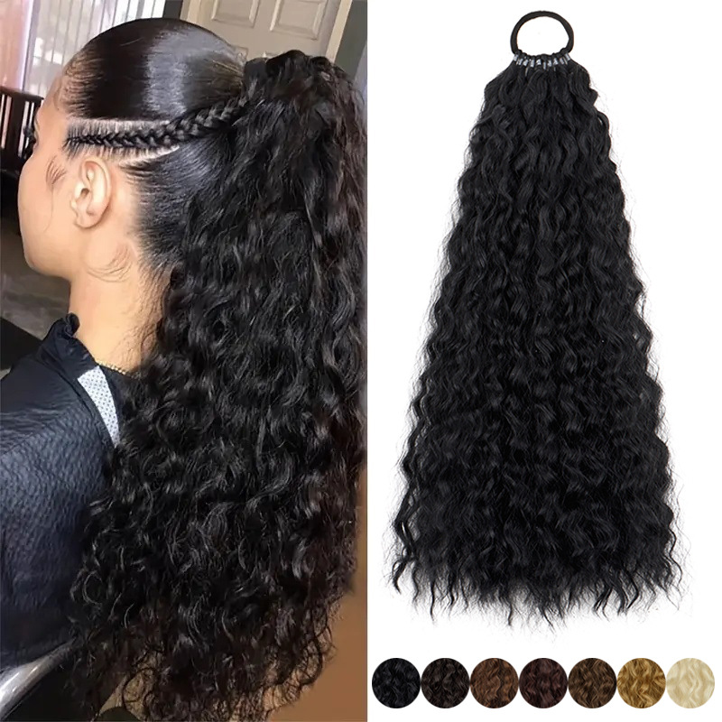 18 Inch Fluffy Curly Ponytail Wig with Elastic Headband Natural Black ...