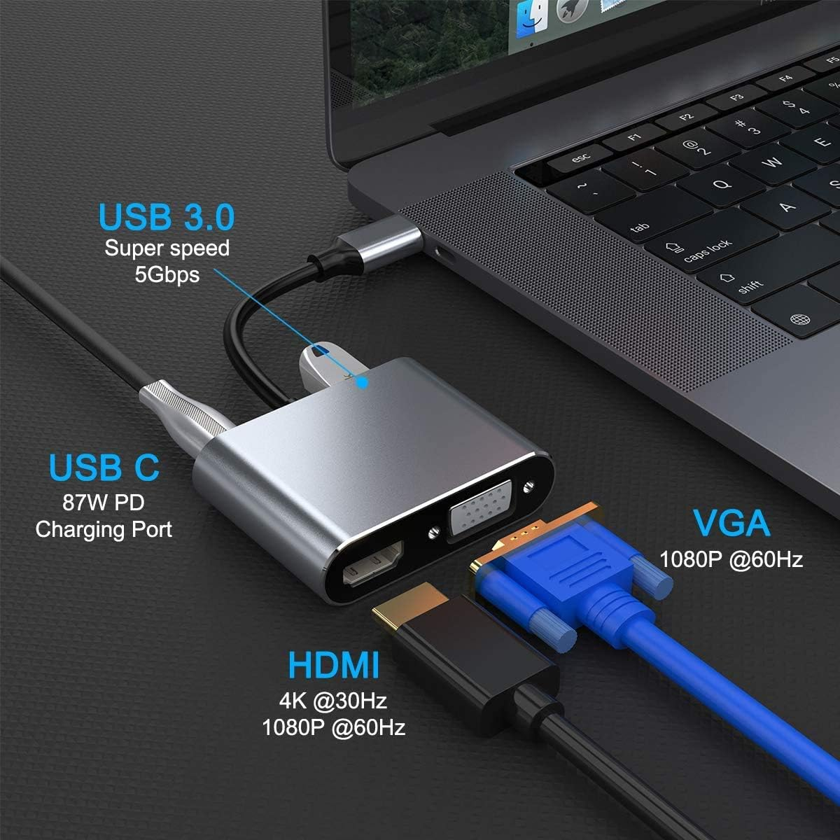 Type C to HDMI Adapter 4K VGA 1080P USB Hub 4 in 1 87W PD Port Splitter ...