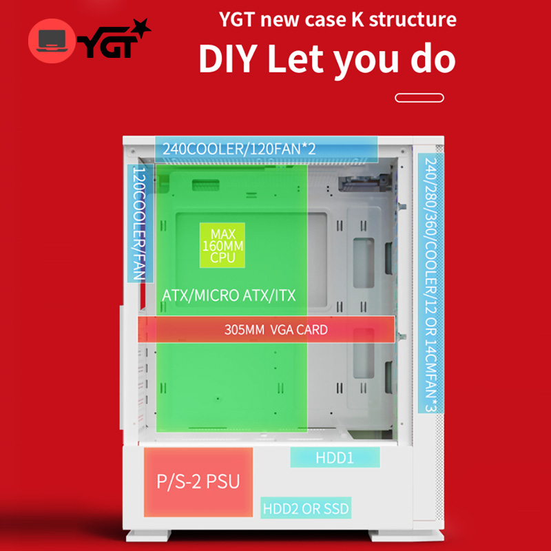 YGT K1 White Pc Case Gaming Computer Case With Tempered Glass Mid Tower ...