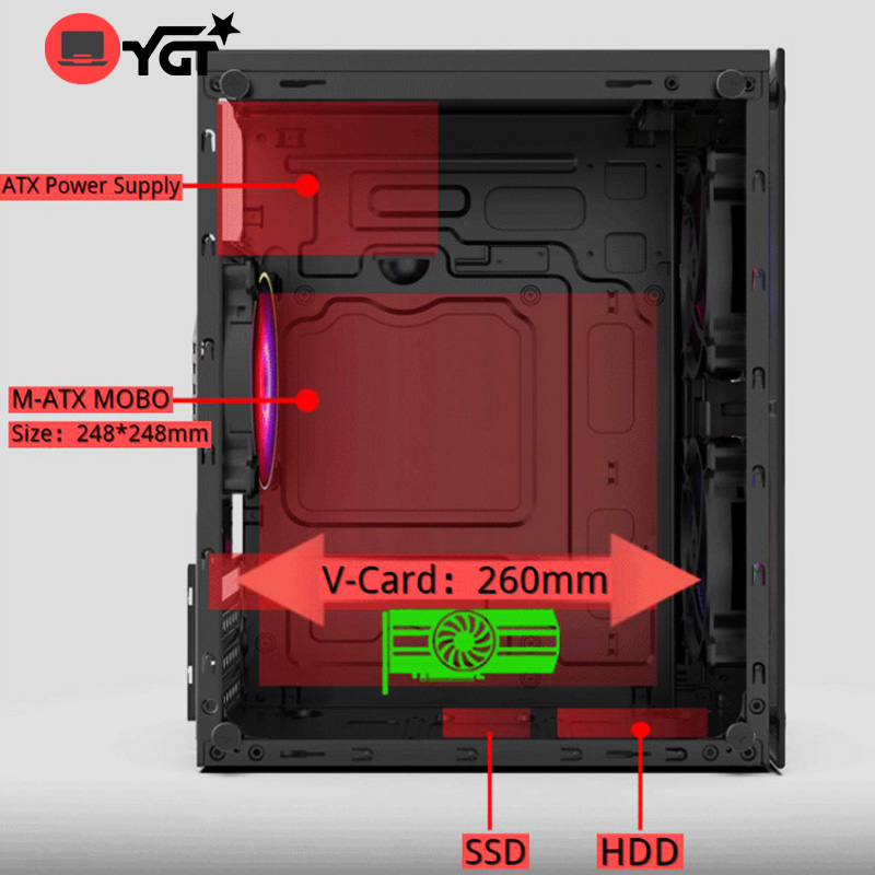 YGT Micro ATX Gaming PC Case With Tempered Glass Black Durable Desktop ...