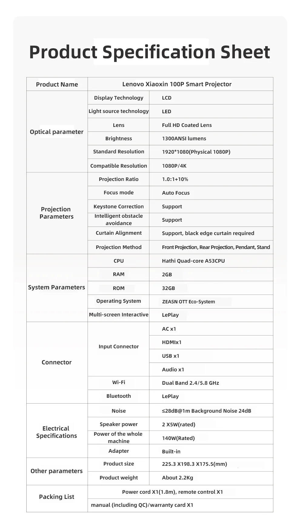 Lenovo Projector Portable Xiaoxin 100P 1300 ANSI Auto Focus Keystone ...
