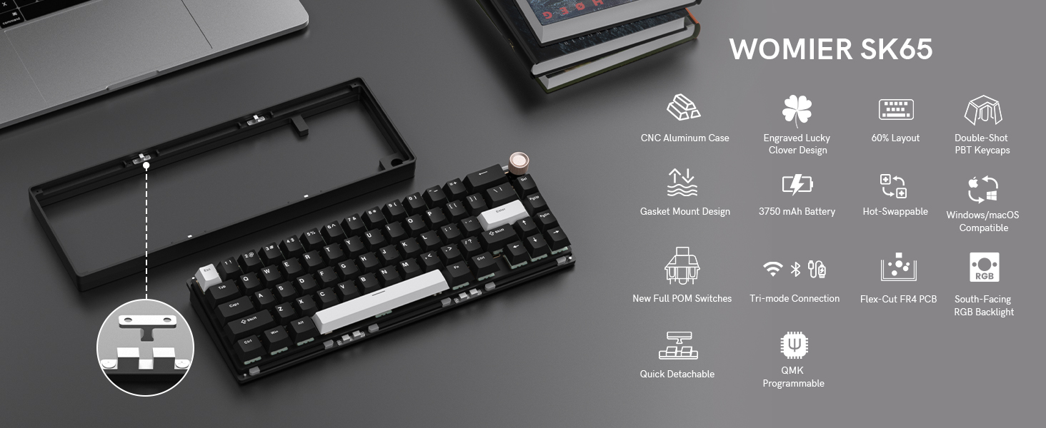 Womier SK65 65% Gasket Mounted Wireless Aluminum Mechanical Keyboard ...