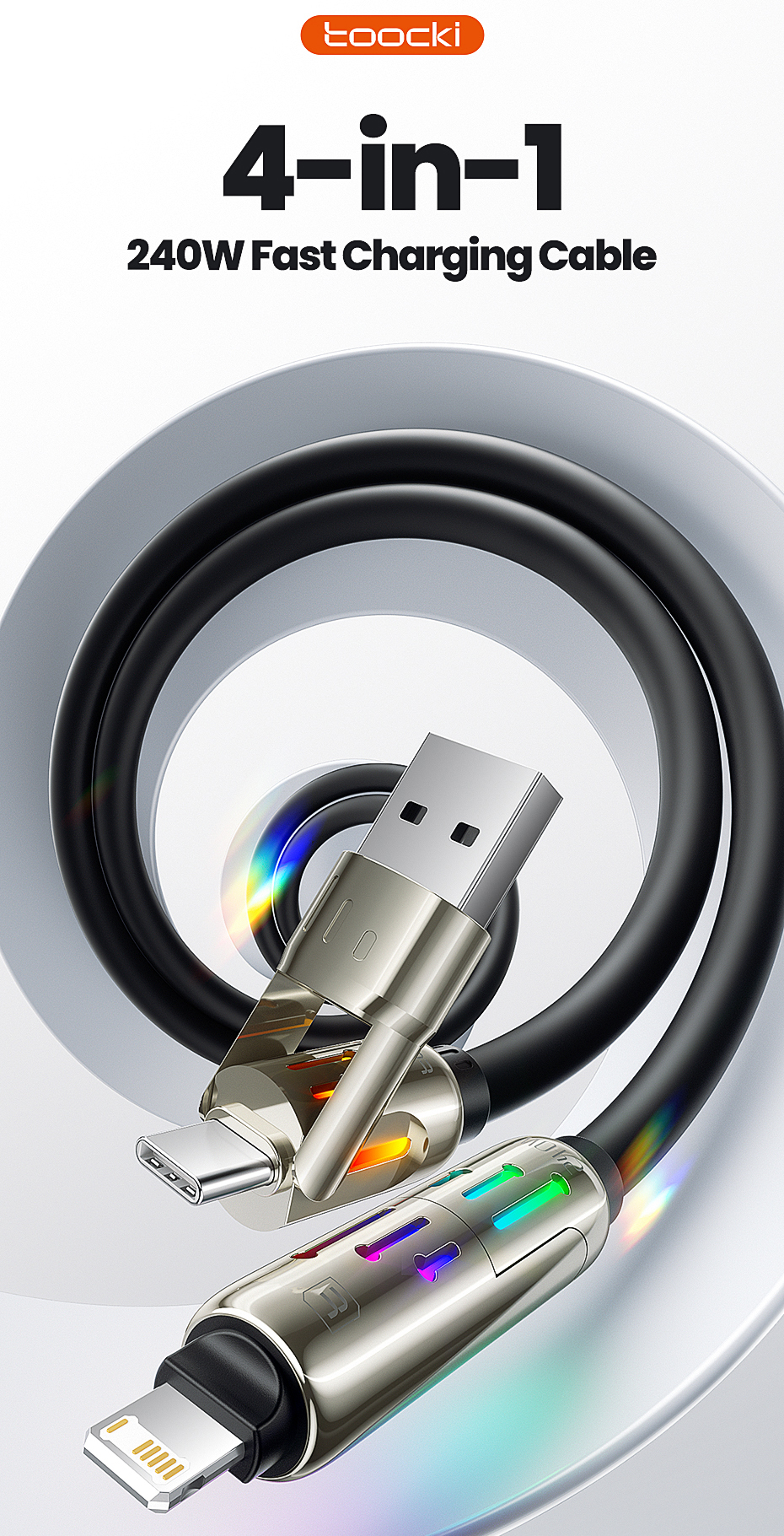 Toocki 240W 4-in-1 Date Cable With RGB Light Fast Charging USB-A+USB-C ...