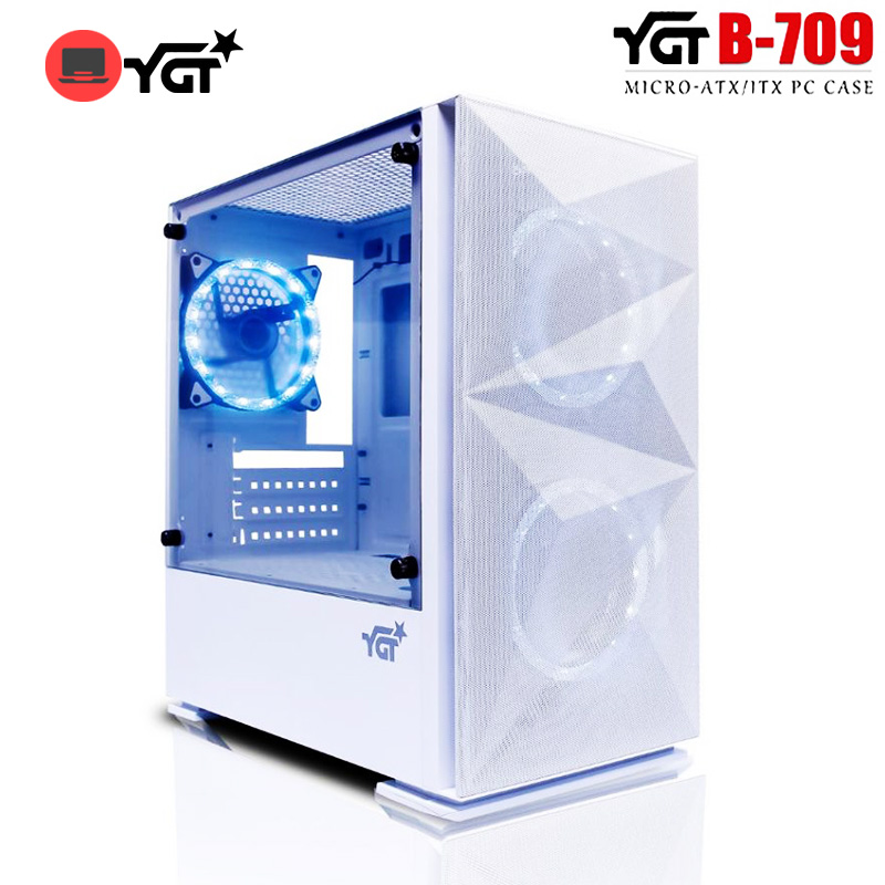 YGT B-709 Gaming PC Case Tempered Glass Side Mesh Front Panel Micro-ATX ...