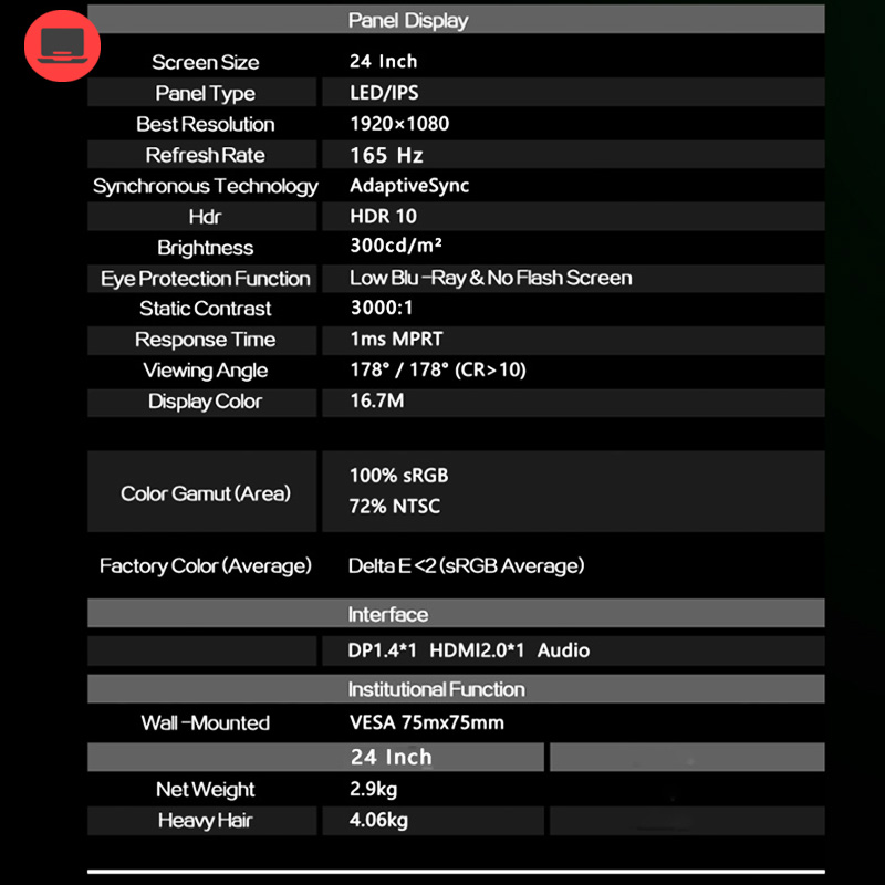 YGT 165Hz Gaming Monitor 24 Inch IPS 1ms Response Time 1080P FHD ...