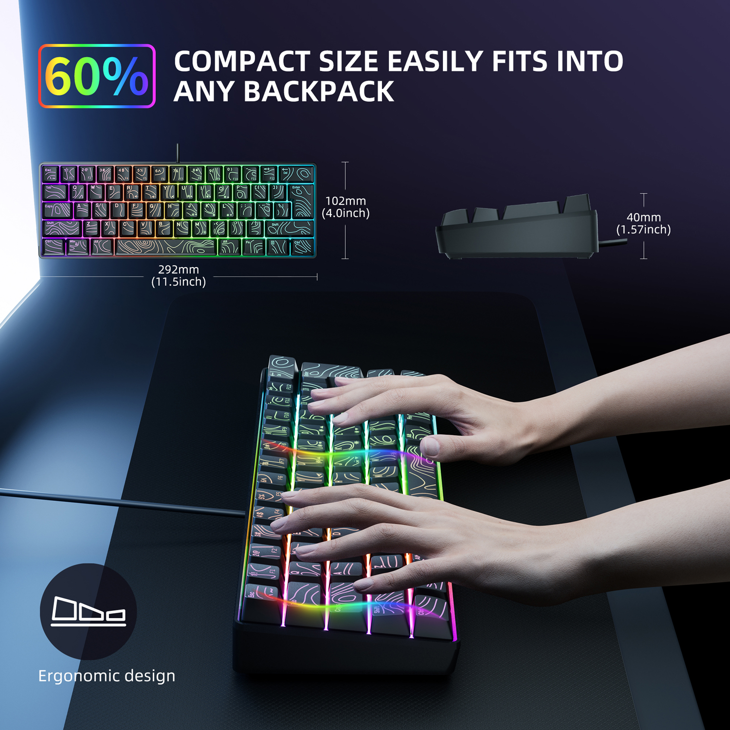Gaming Small Keyboard for Laptop RGB Backlit 61 Key Wired Compact ...
