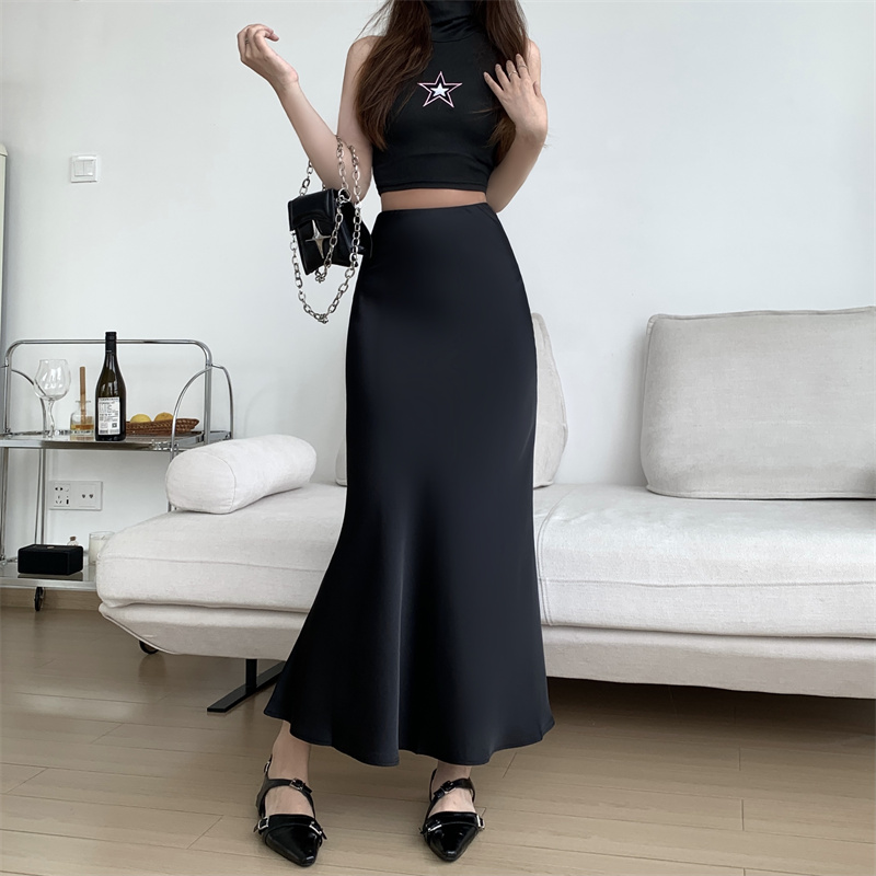 Cherryshop Korean Casual A-line Satin Palda Mermaid Wrap Long Skirt for ...