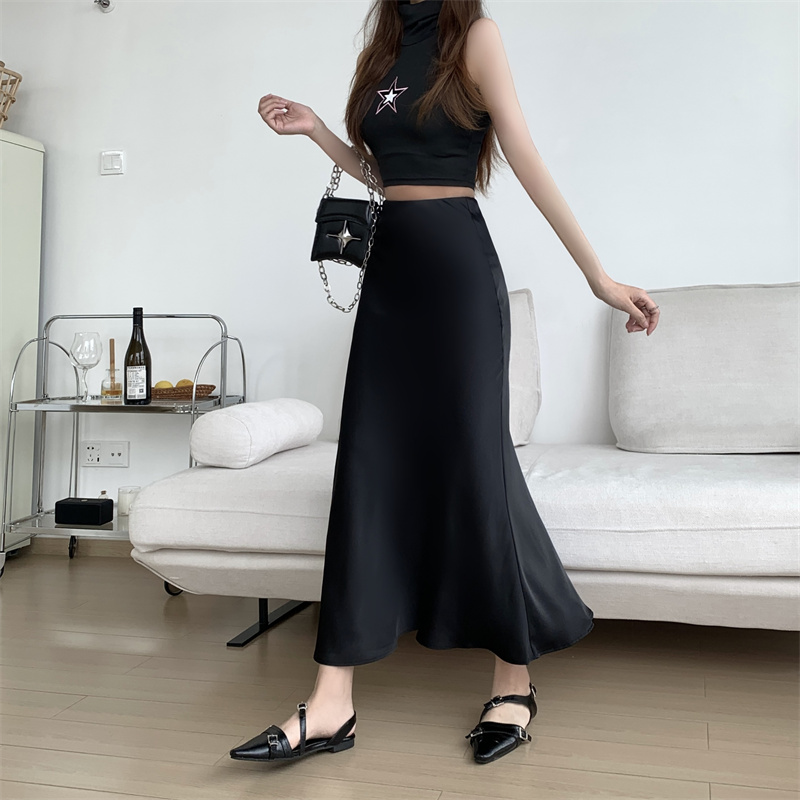 Cherryshop Korean Casual A-line Satin Palda Mermaid Wrap Long Skirt for ...