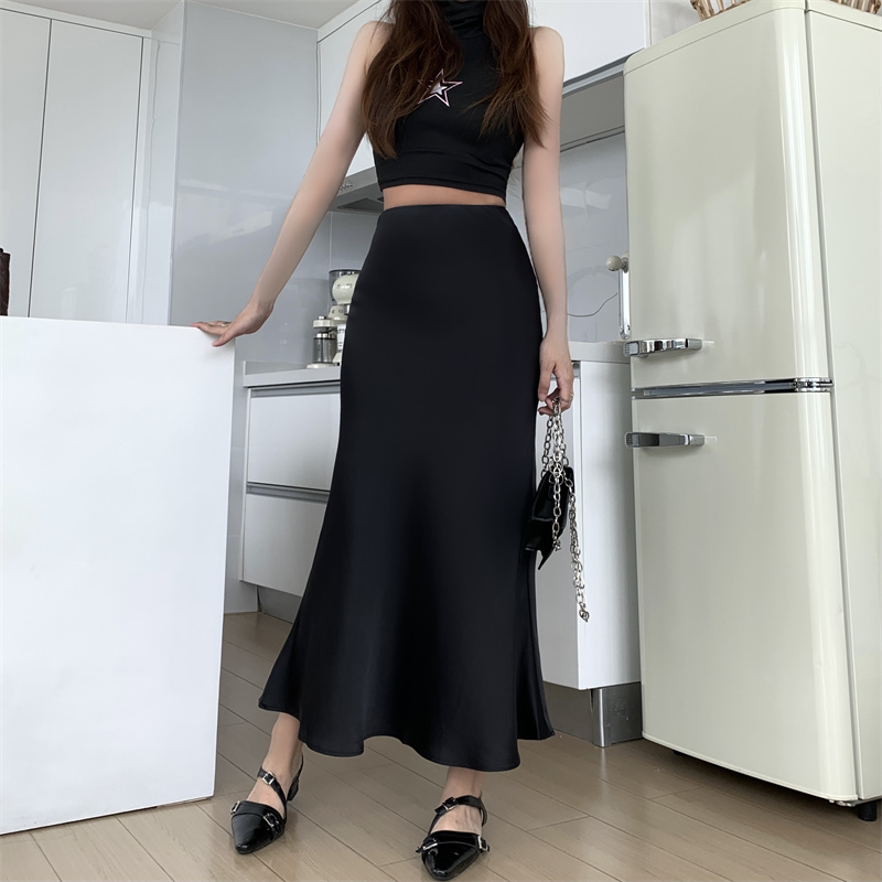 Cherryshop Korean Casual A-line Satin Palda Mermaid Wrap Long Skirt for ...