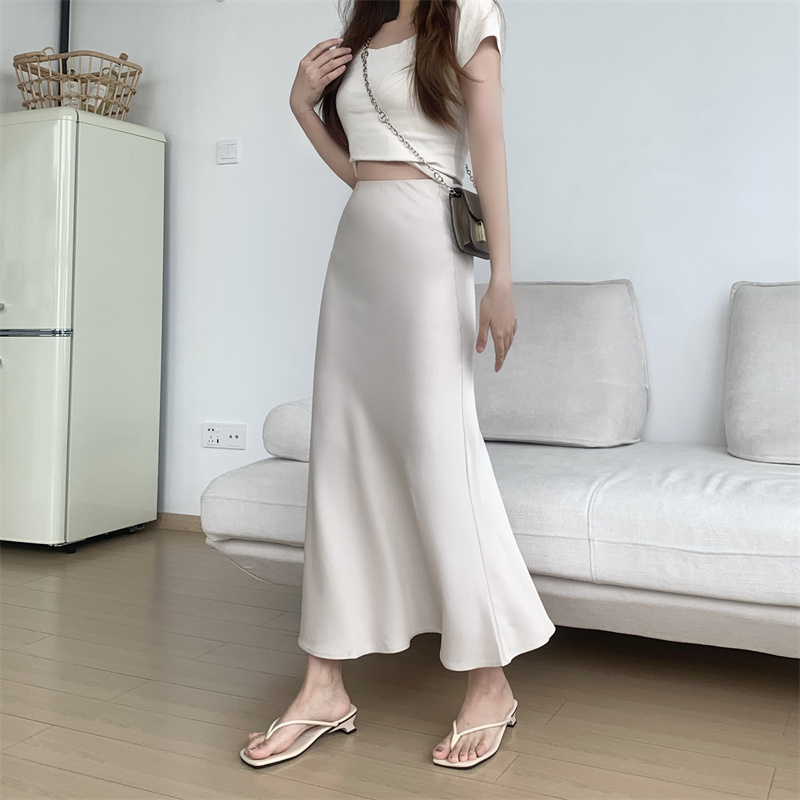 Cherryshop Korean Casual A-line Satin Palda Mermaid Wrap Long Skirt for ...