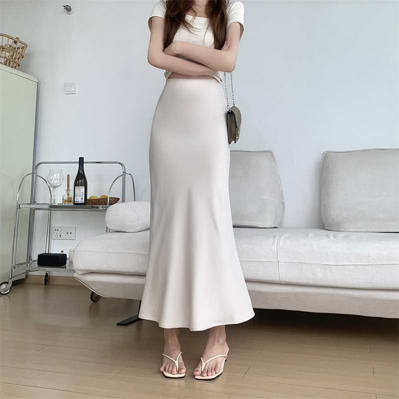 Cherryshop Korean Casual A-line Satin Palda Mermaid Wrap Long Skirt for ...
