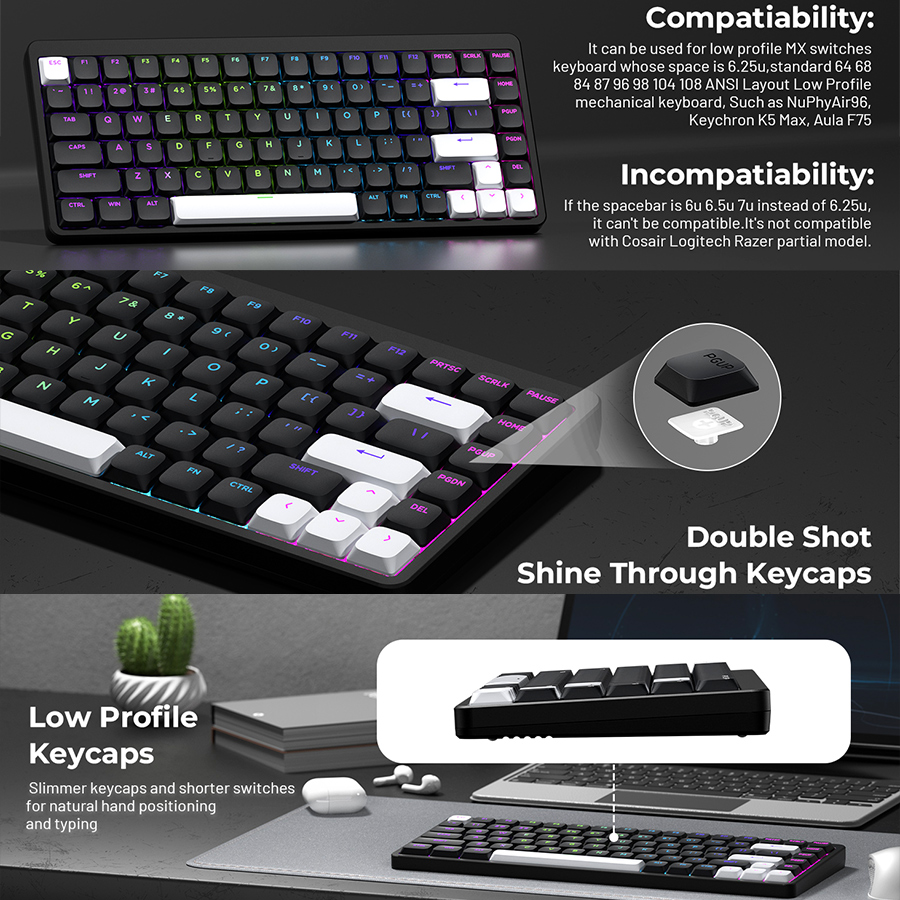 Simple White Low Profile Transparent Keycaps PBT Double-Shot Customize ...