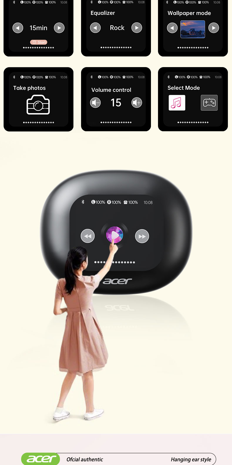 Acer OHR549 Wireless Earphones with Ear Hooks Hi-Fi Sound Quality Extra-Long Battery Life ...