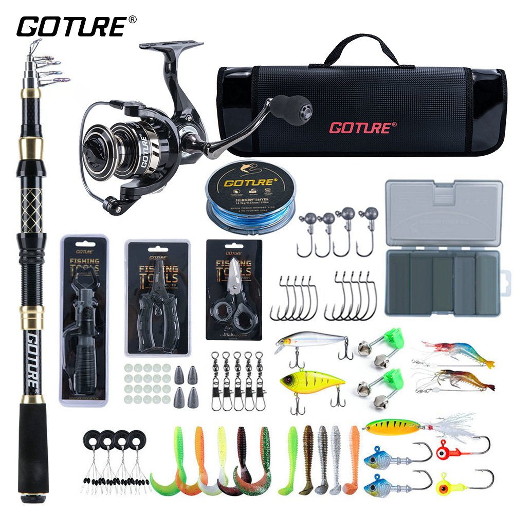 GOTURE Telesscopic Spinning Fishing Rod Reel Line Lure Combos With Bag ...