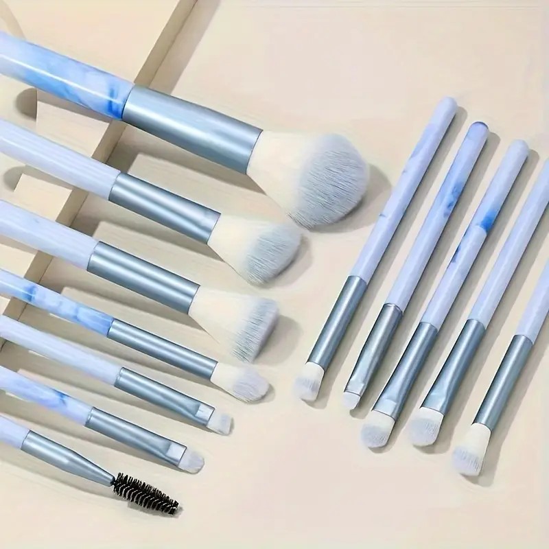 10/12 Piece Blue Makeup Brush Set With Powder Puff And Cleansing Pad ...
