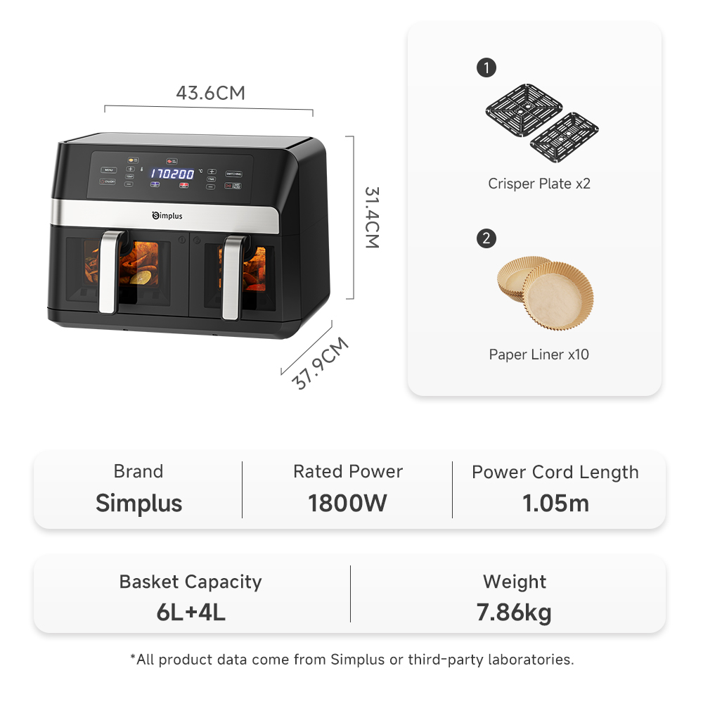 Simplus Air Fryer Oven Dual Baskets 10L Ultra Large Capacity LCD Screen ...