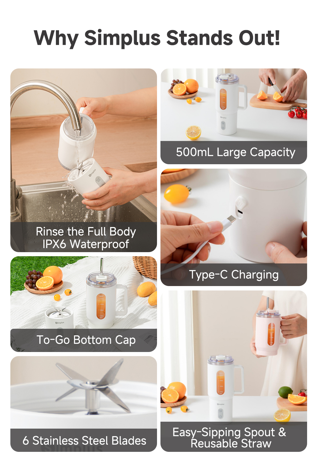 Simplus Portable Juicer Blender Fruit Juice Mixer Type-C Rechargeable ...