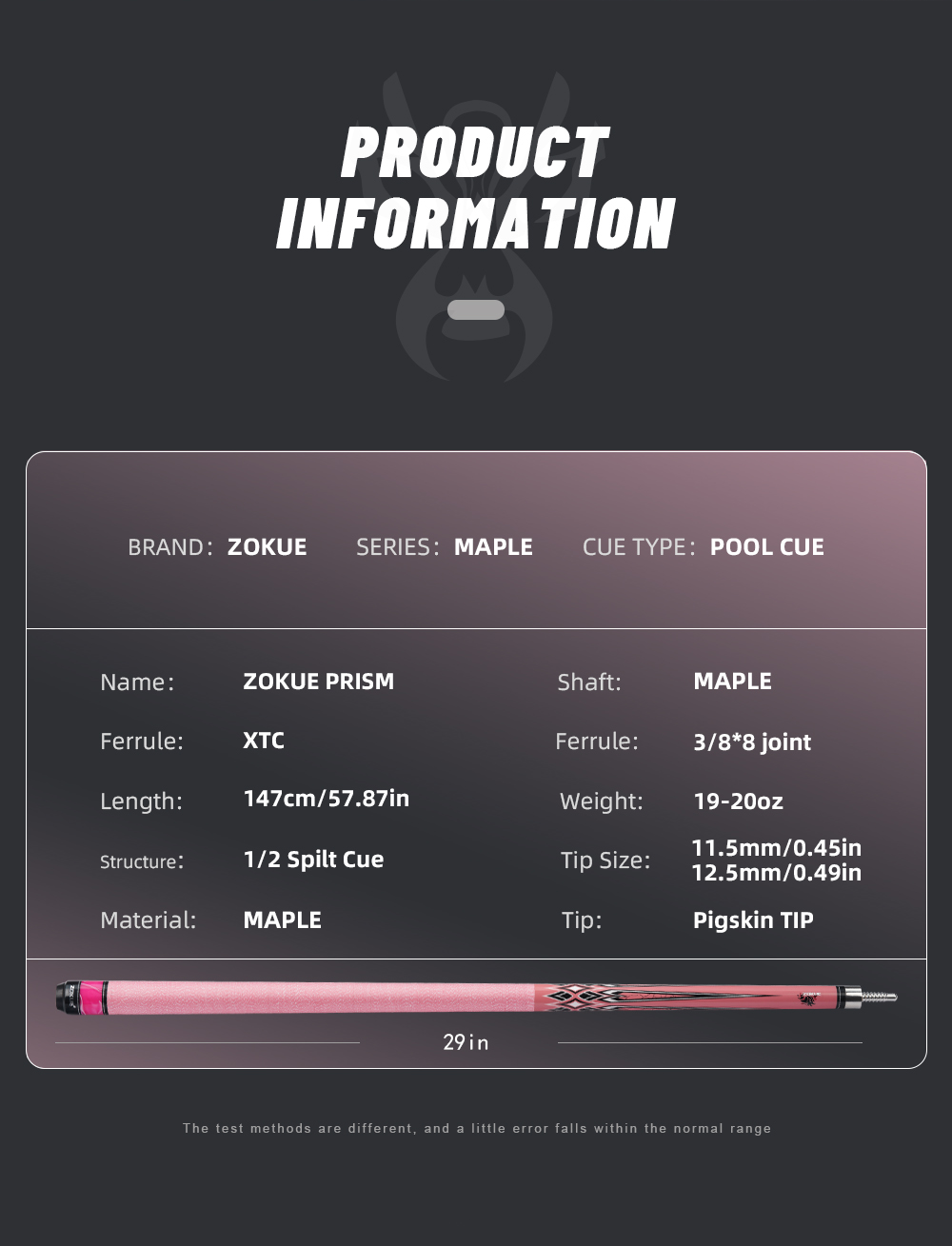 Zokue Pink Pool Cue Stick Prism Series Low Deflection Easy to Control ...