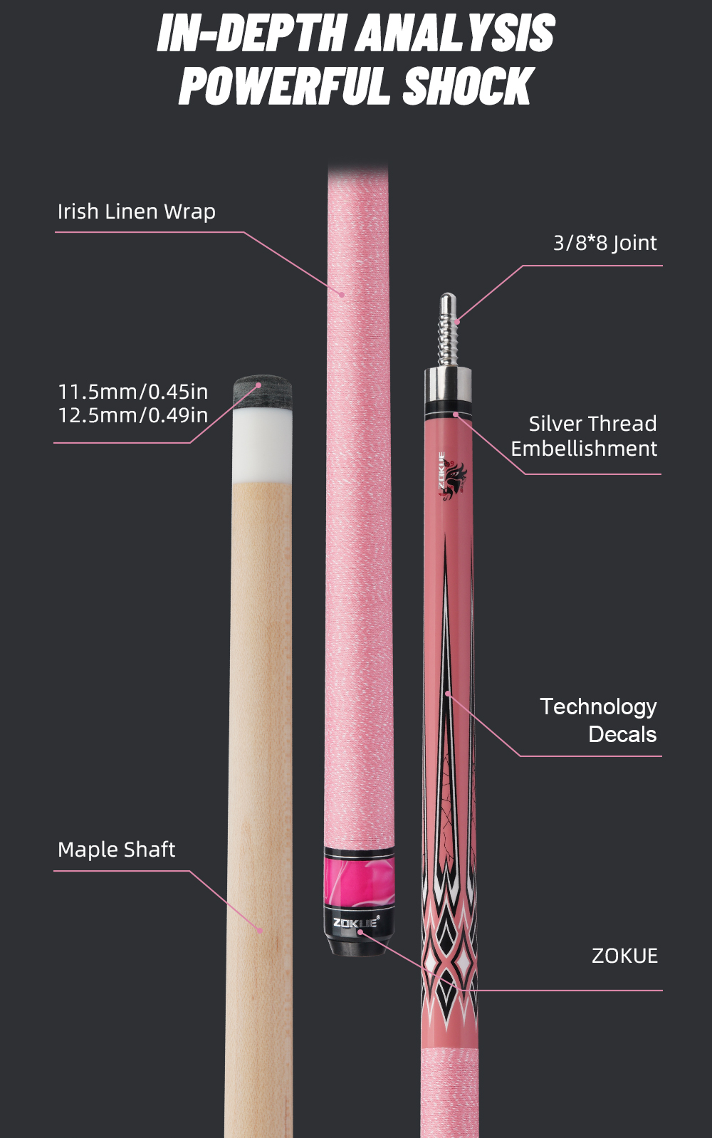 Zokue Pink Pool Cue Stick Prism Series Low Deflection Easy to Control ...