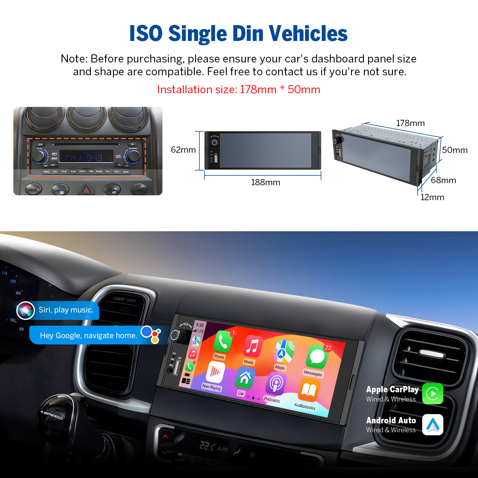 Eonon Wireless Apple Carplay Android Auto One Din Android Auto Car Head ...