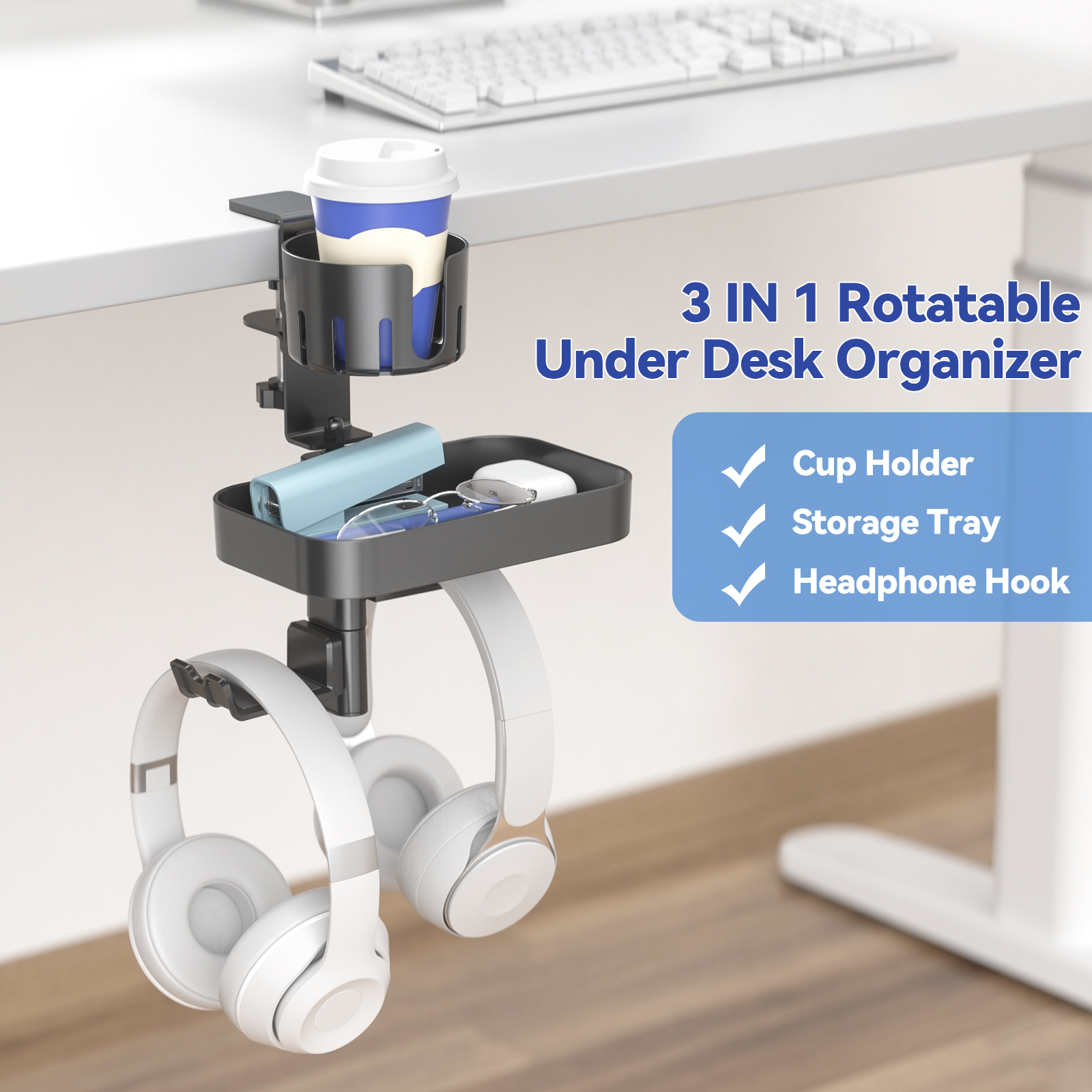 3 in 1 Desk Cup Holder - Rotating Headphone Hanger with Cup Holder ...