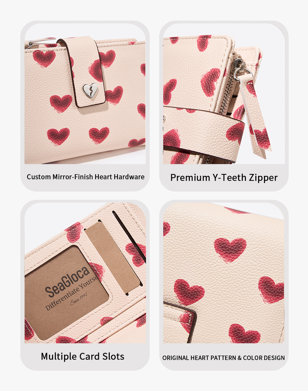 SeaGloca Heart Beat Series Multi-Function Love Heart Print Bifold Coin ...
