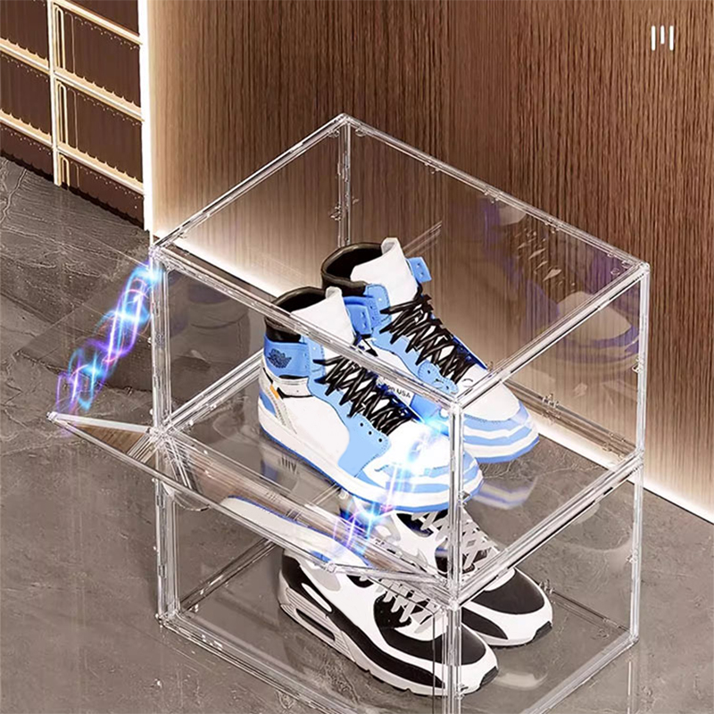 Acrylic shoe box Stackable Magnetic Shoe Rack Magnetic side drop shoe ...