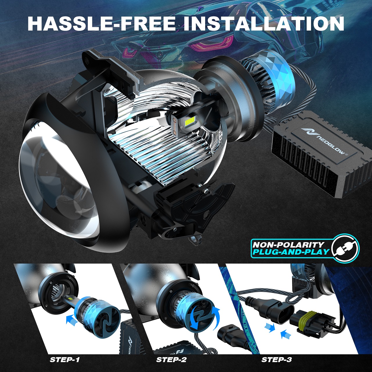 NeoGlow APOLLO Pro 200W 40000LM 6500K White Light Car H4 LED Headlight H11 9005 9006 H7 Socket ...