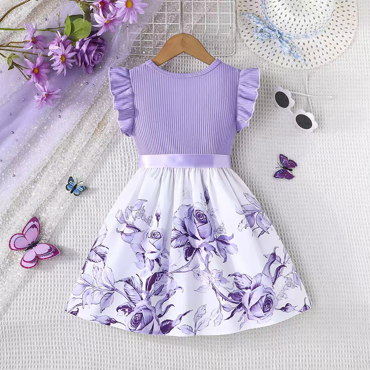 3114#Sweet and ladylike flower print pattern flying sleeve sleeveless ...