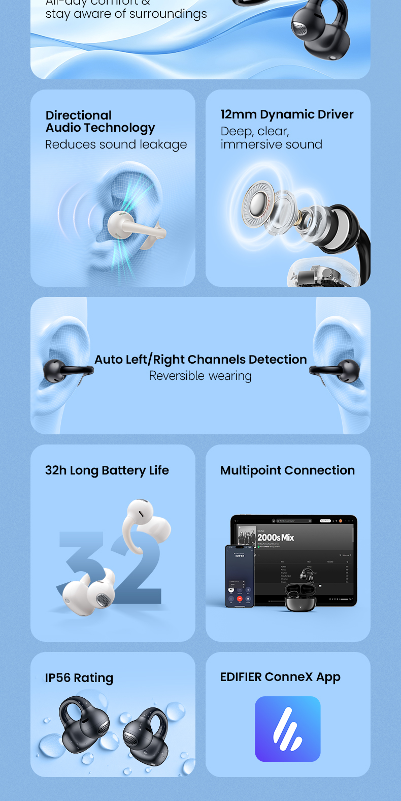 EDIFIER Comfo Q Open-ear True Wireless Earbuds Bluetooth V5.4 32hrs Playtime Wearing Detection ...