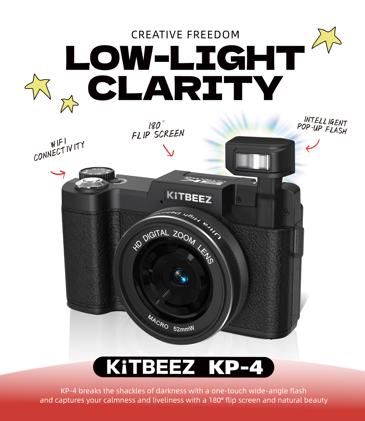 KiTBEEZ KP-4 5K WiFi Digital Camera 75MP Smart Pop-Up Flash 18X Zoom ...