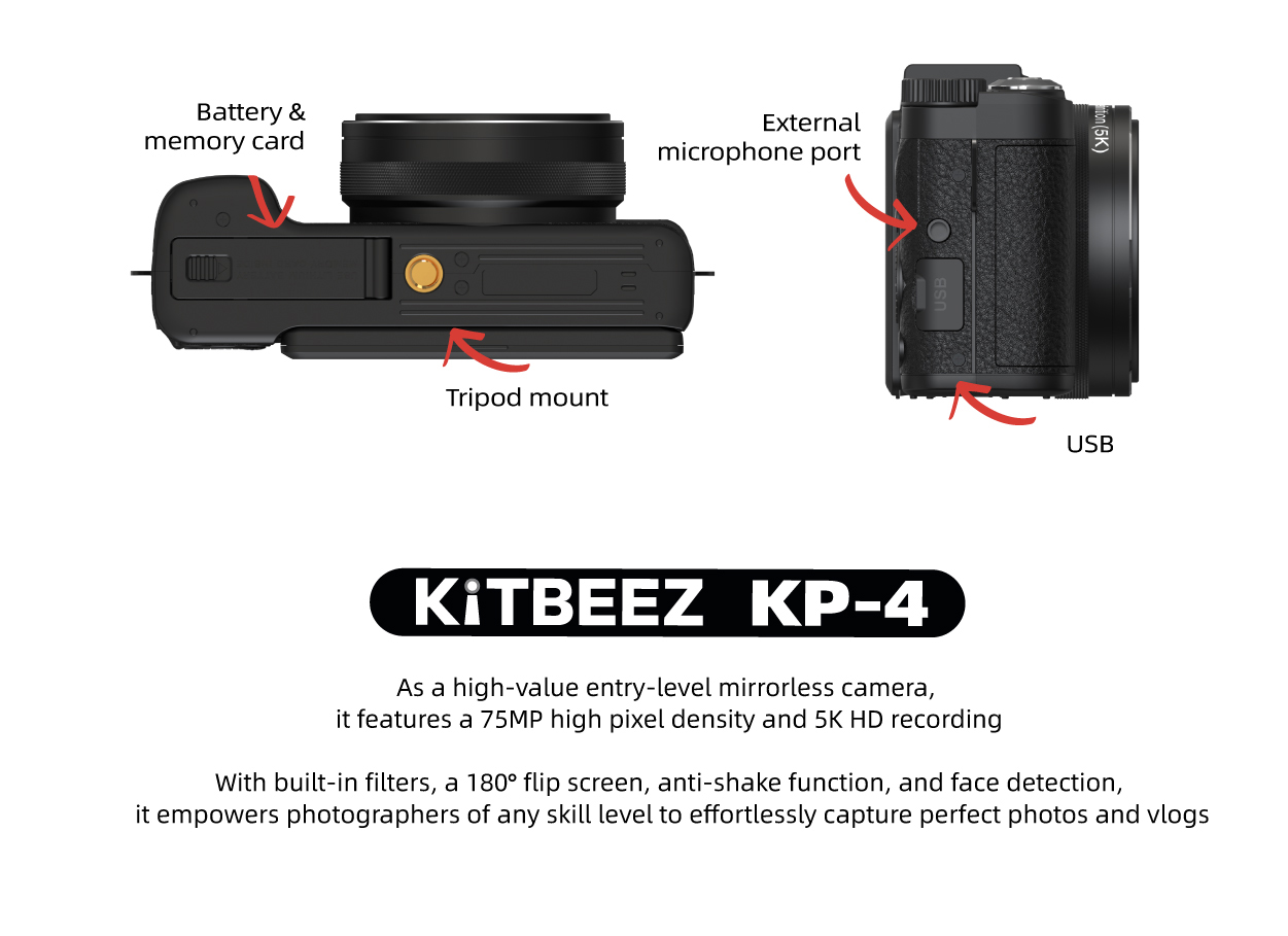 KiTBEEZ KP-4 5K WiFi Digital Camera 75MP Smart Pop-Up Flash 18X Zoom ...