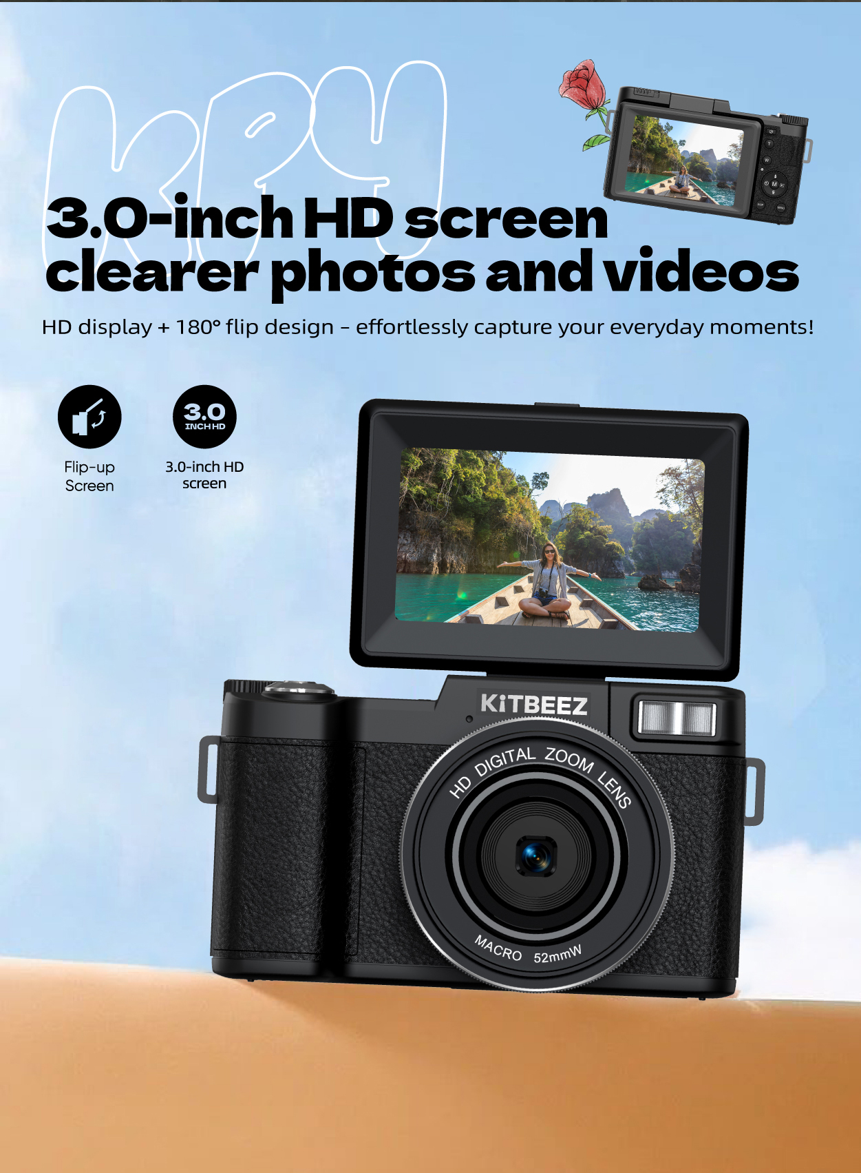 KiTBEEZ KP-4 5K WiFi Digital Camera 75MP Smart Pop-Up Flash 18X Zoom ...