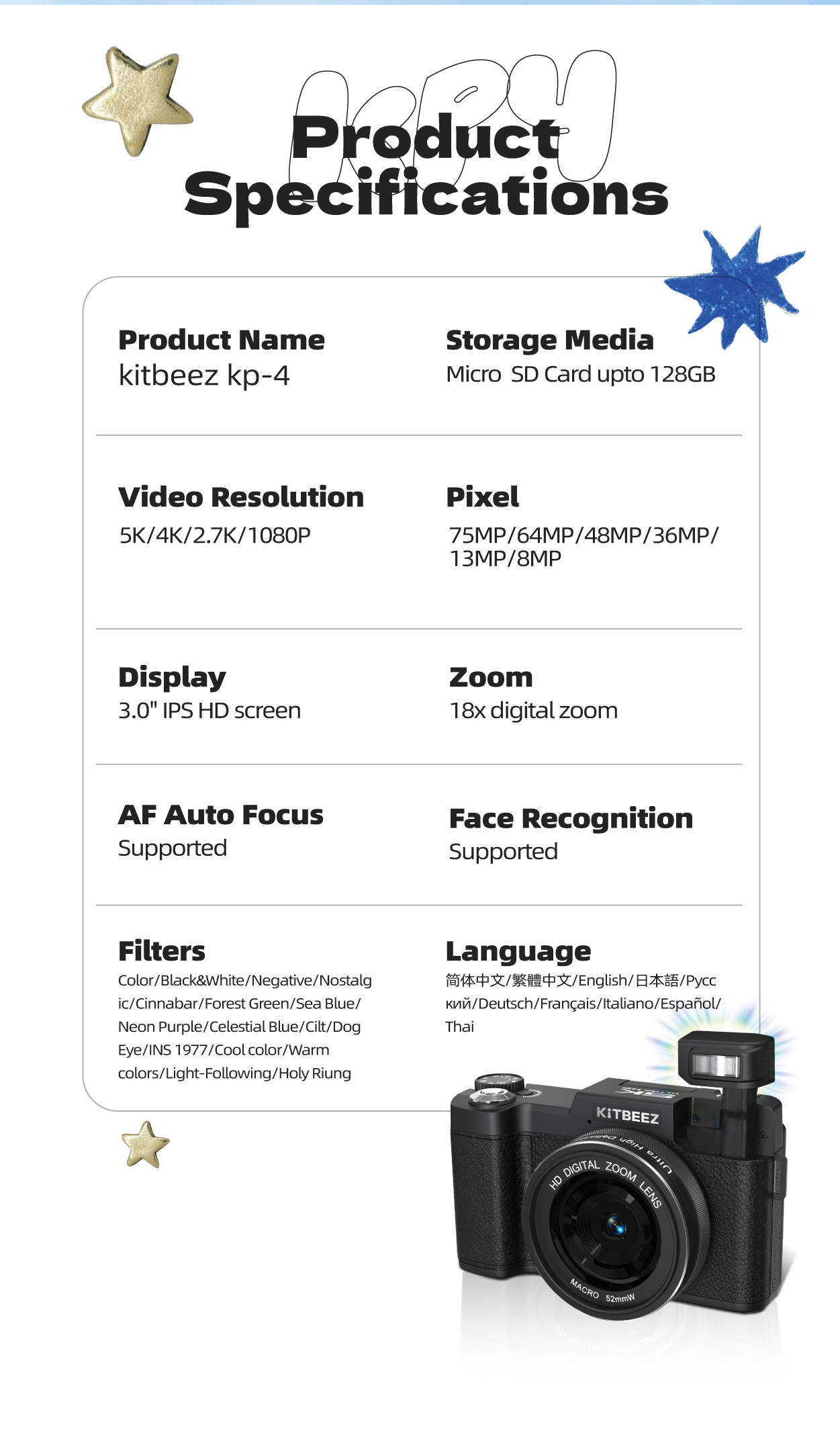 KiTBEEZ KP-4 5K WiFi Digital Camera 75MP Smart Pop-Up Flash 18X Zoom ...