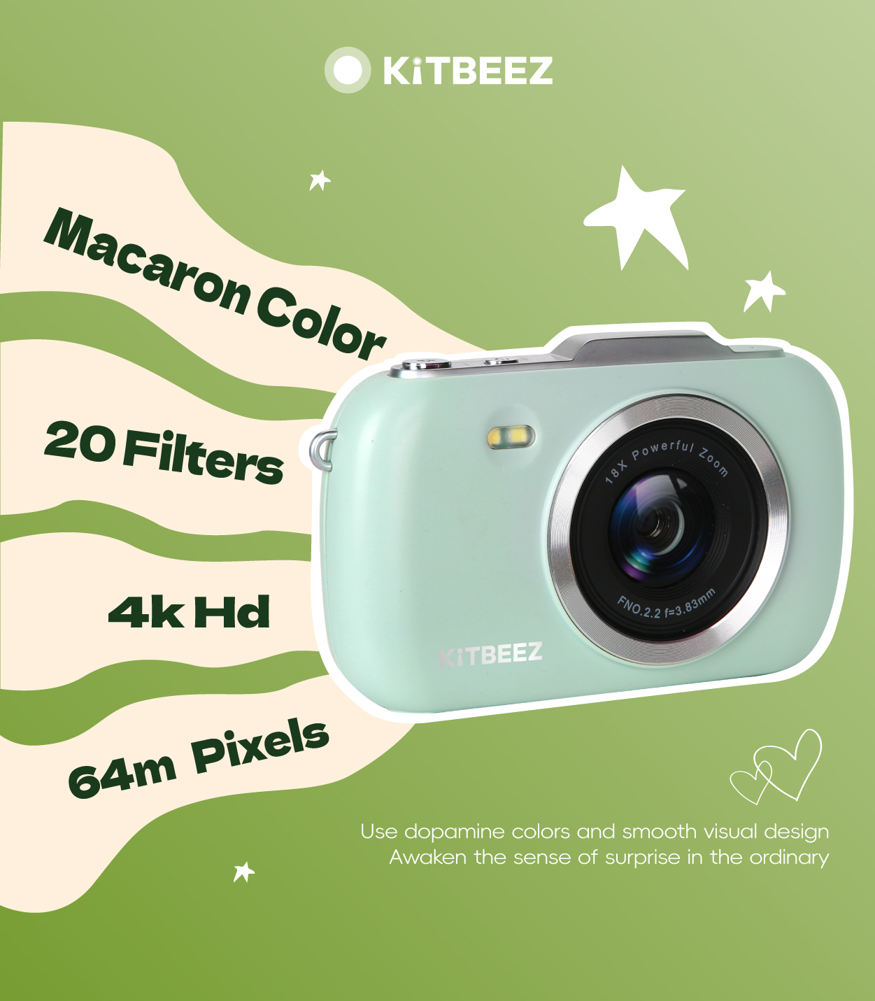 KiTBEEZ KF-3 Macaron CCD Camera 64MP 4K Video Built-in 4-Color Flash ...
