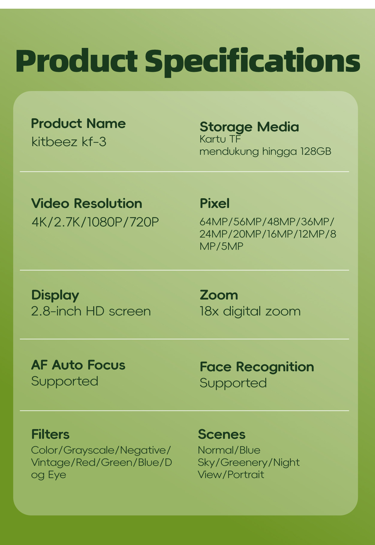 KiTBEEZ KF-3 Macaron CCD Camera 64MP 4K Video Built-in 4-Color Flash Filter 18X Zoom with ...