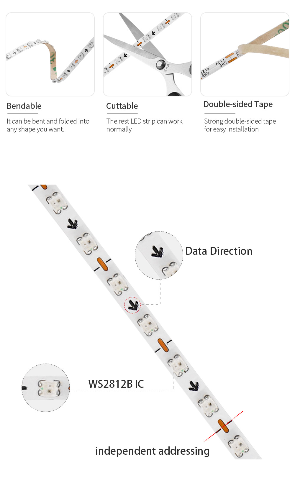 2.7mm WS2812B RGB LED Strip Light 160Leds/M Individually Addressable ...