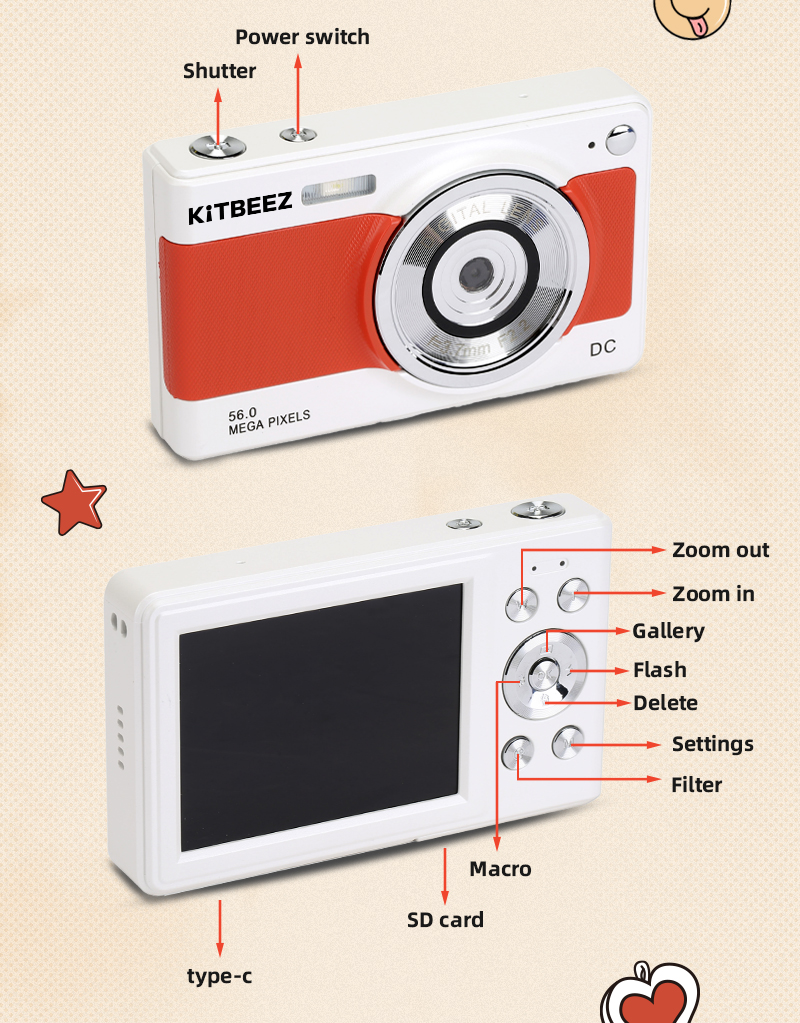 KiTBEEZ KC-2 56MP CCD Camera Ultra HD 16X Digital Zoom IPS 1080P Video ...